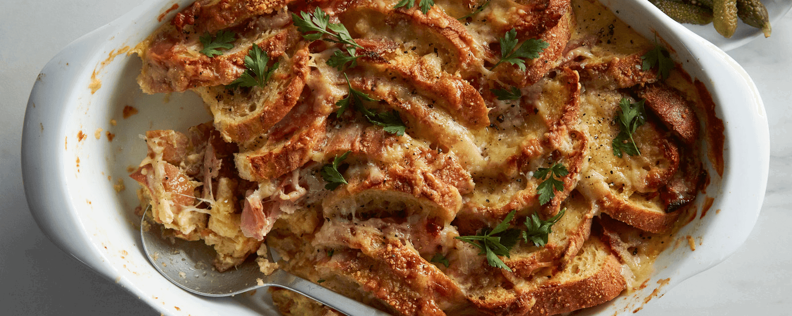 Croque Monsieur Breakfast Casserole Forked